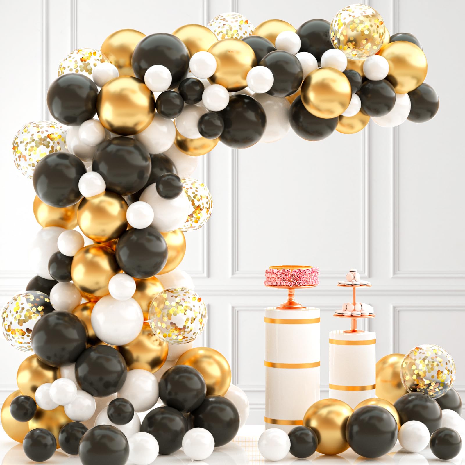 Black and Gold Balloons Garland Kit, 100pcs Black White Gold Confetti Latex Balloons for Party Decorations Graduation Wedding Birthday Baby Shower