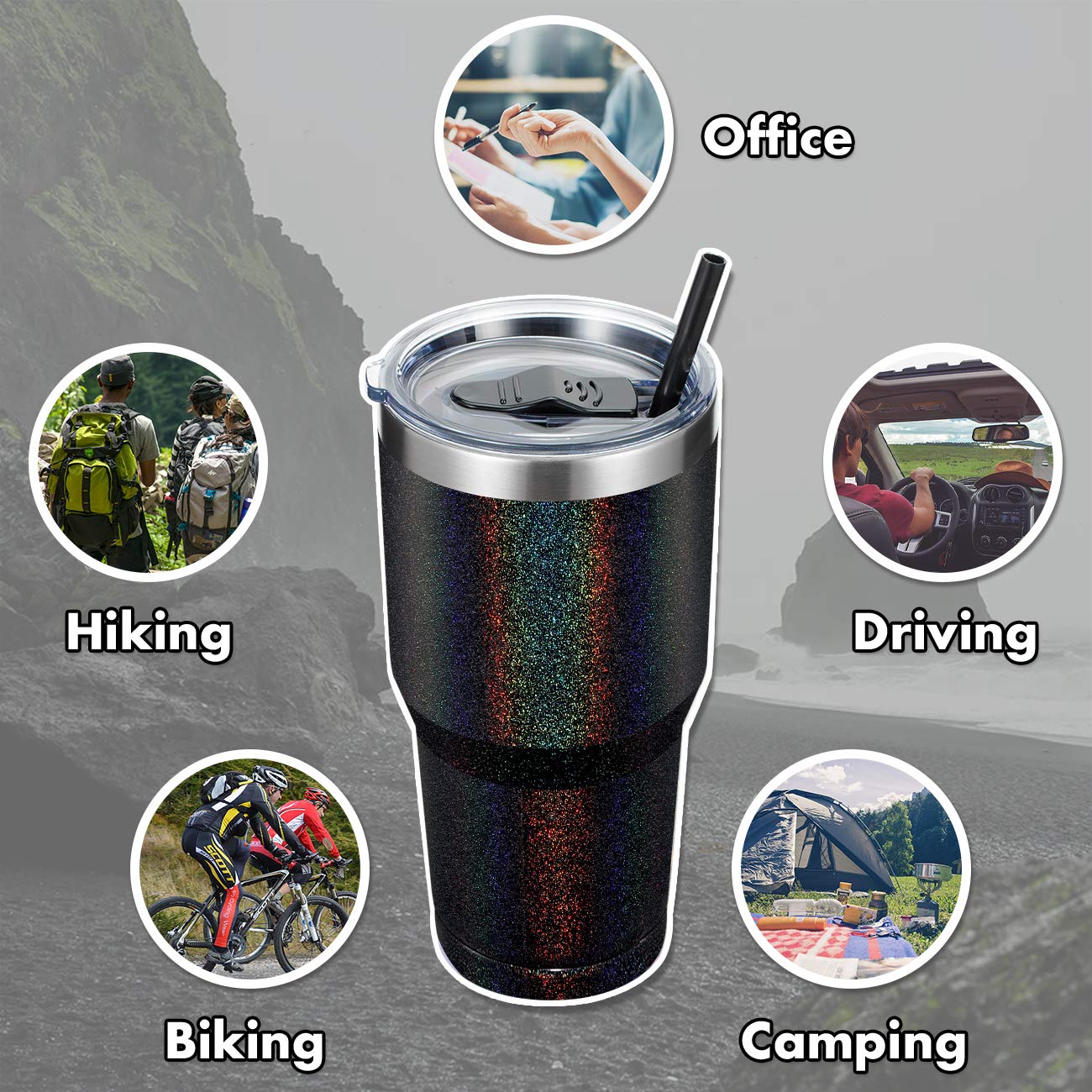 ALOUFEA 30oz Stainless Steel Tumbler, Insulated Coffee Tumbler Cup with Lid and Straw, Double Walled Travel Coffee Mug for Hot & Cold Drinks (Glitter Black, 1 Pack)