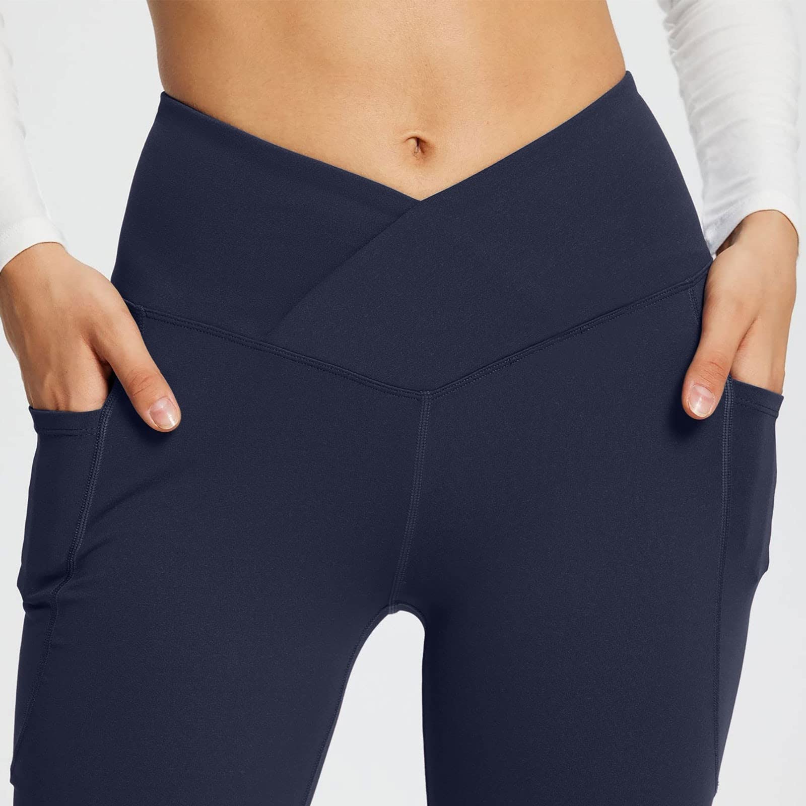 Crossover Flare Leggings for Women High Waist V Cross Bootcut Bell Bottoms Workout Flared Yoga Pants with Pockets Crazy CRZ Navy L