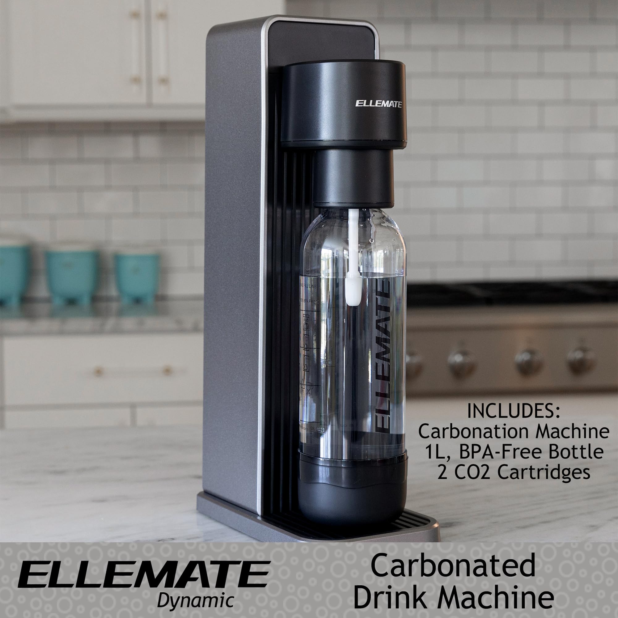 Ellemate Dynamic Carbonated Drink Maker with 2 CO2 Cartridges; Fizz Soda, Water, Wine, Juice and More; Adjustable Carbonation (Machine + CO2 Cylinder, Blanc White)