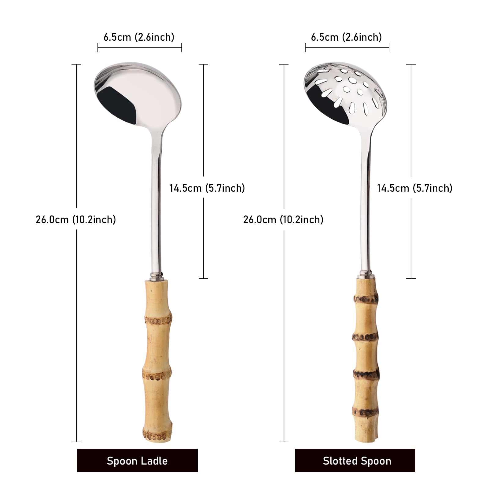 Uniturcky Soup Ladle and Slotted Spoon Set, 304 Stainless Steel Serving Utensils with Natural Bamboo Handle, Soup Spoons For Serving Gravy Hot Pot Or Restaurant, 10.2 Inch, 4 PCS / 2 of Each