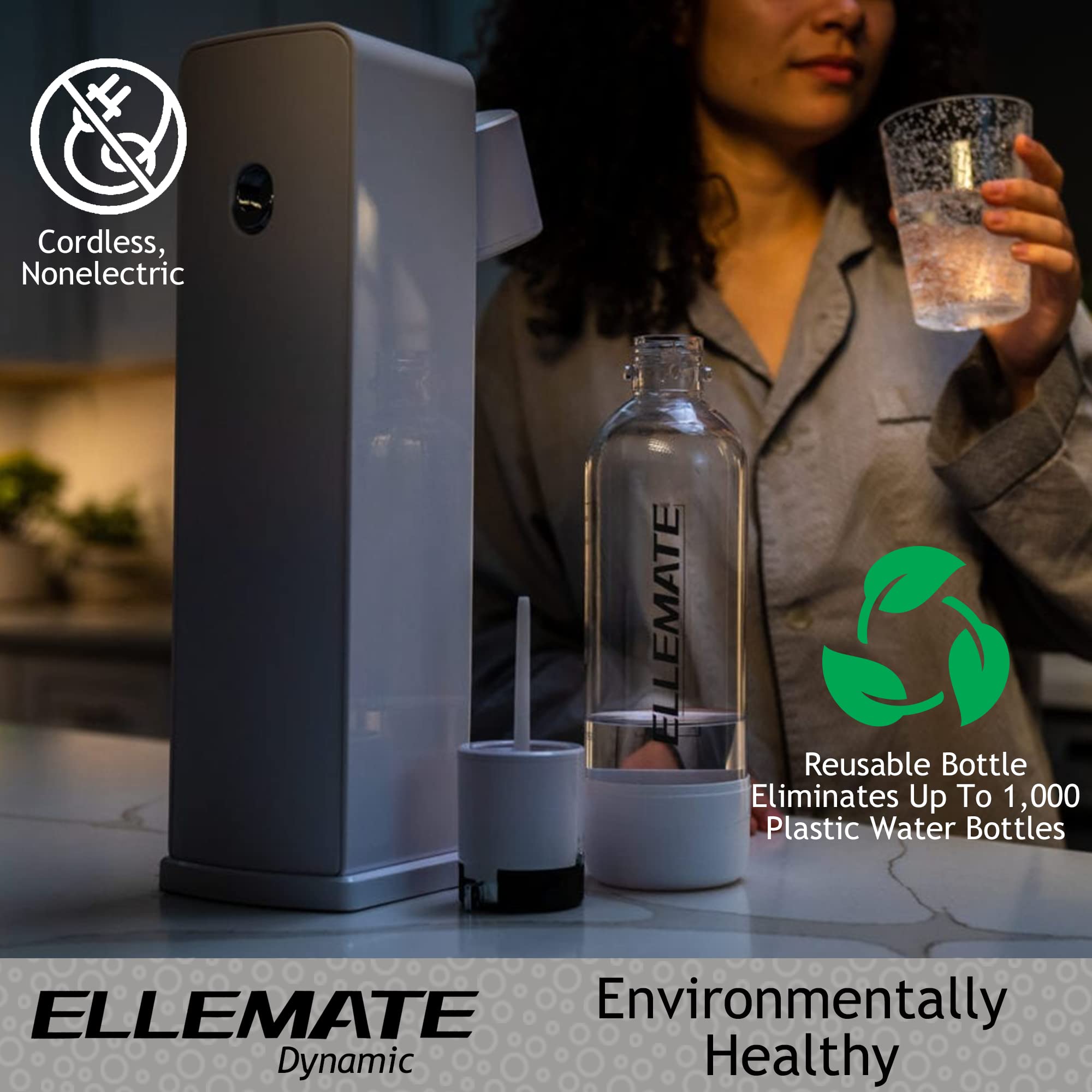 Ellemate Dynamic Carbonated Drink Maker with 2 CO2 Cartridges; Fizz Soda, Water, Wine, Juice and More; Adjustable Carbonation (Machine + CO2 Cylinder, Blanc White)