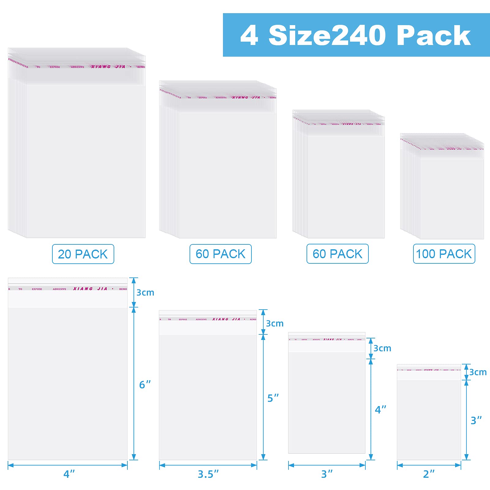 Geyoga 4 Size Clear Plastic Cello Bag Resealable Self Sealing Cellophane Bag for Candy Cookies Decorative Wrapper (240 Pieces)