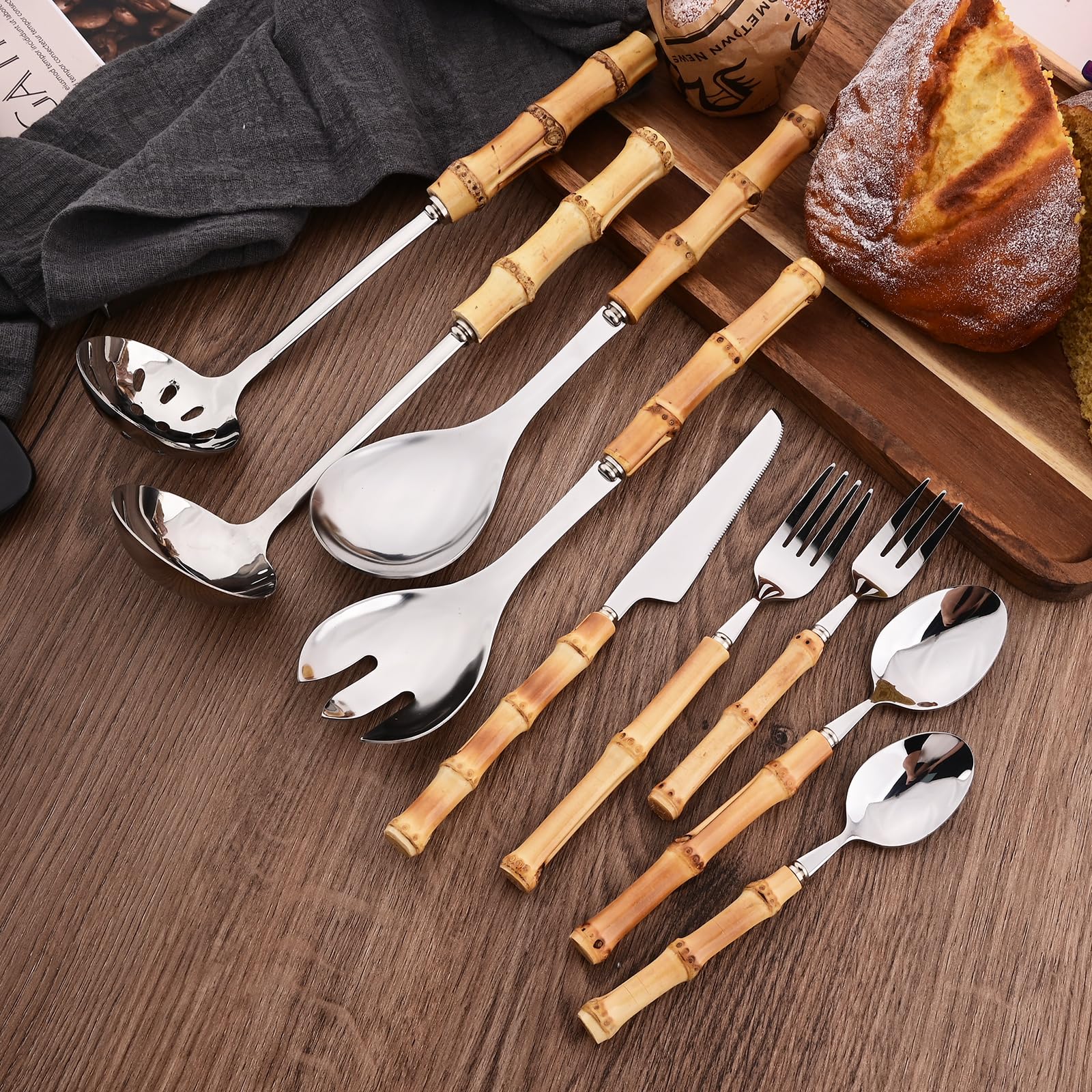 Uniturcky Soup Ladle and Slotted Spoon Set, 304 Stainless Steel Serving Utensils with Natural Bamboo Handle, Soup Spoons For Serving Gravy Hot Pot Or Restaurant, 10.2 Inch, 4 PCS / 2 of Each