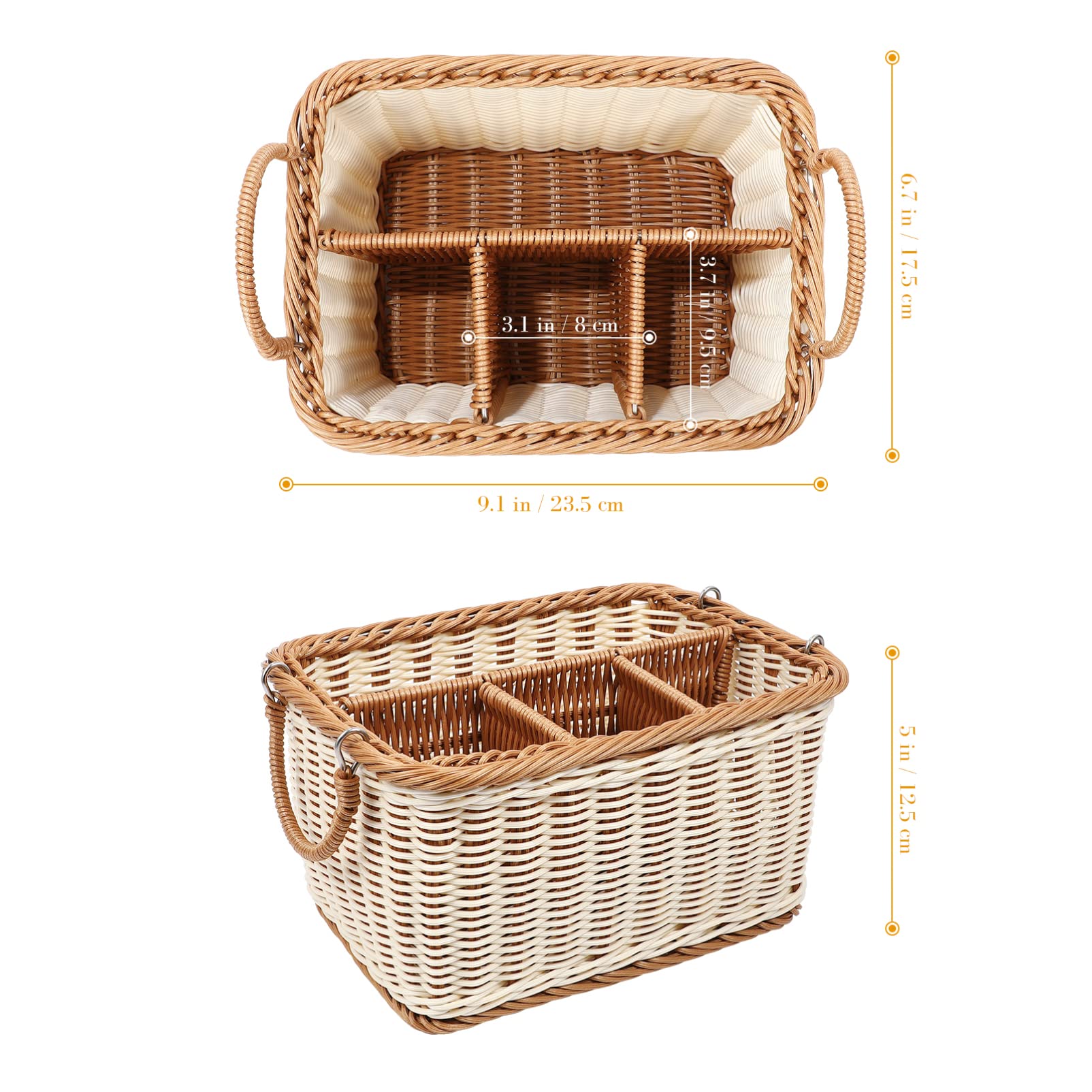 Hemoton Utensil Holder Silverware Caddy, Rattan Hand Woven Cutlery Storage Organizer, Multifunctional Divided Storage Basket, for Hold Forks, Knives, Napkins, Foods and Sundries ( Flexible Handle )