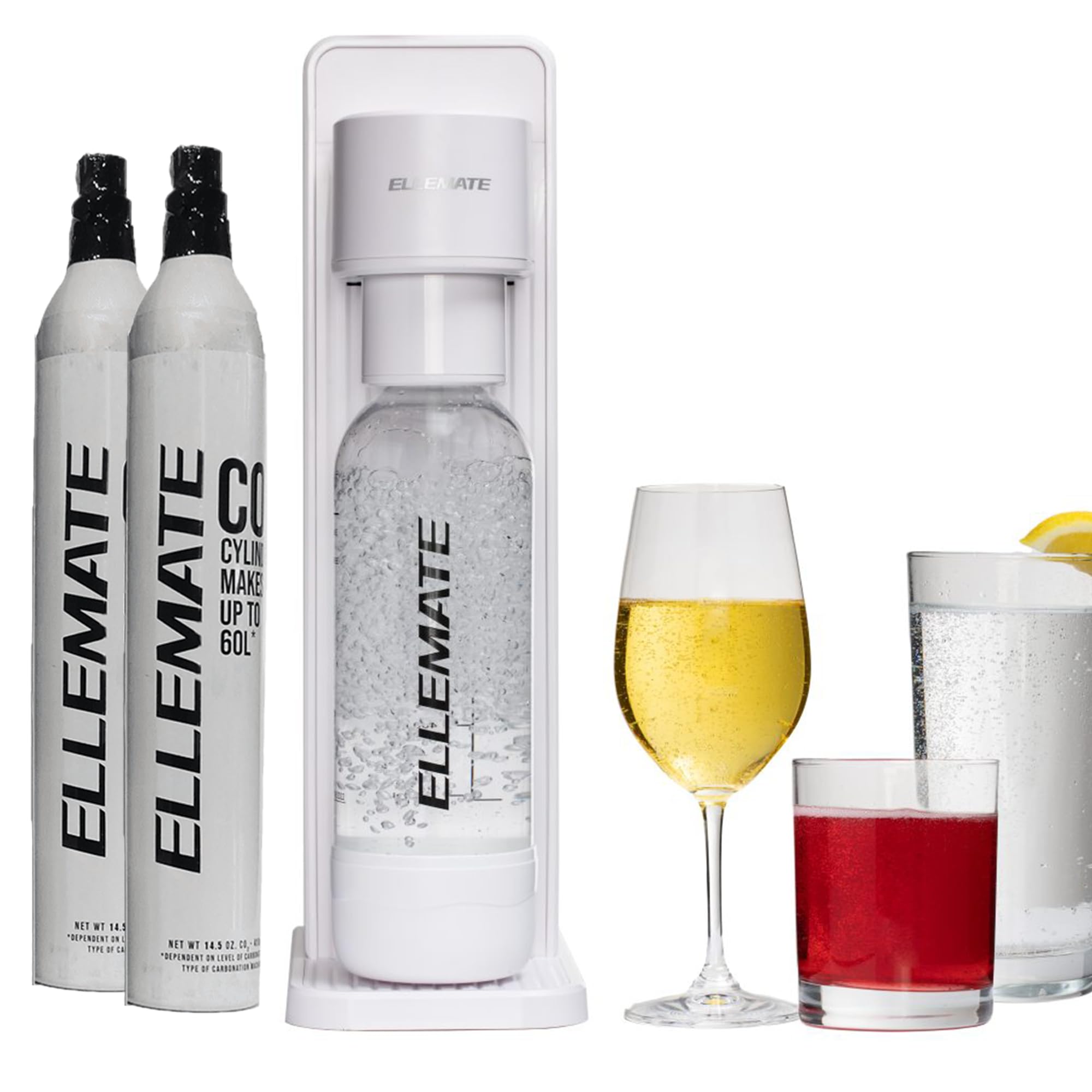 Ellemate Dynamic Carbonated Drink Maker with 2 CO2 Cartridges; Fizz Soda, Water, Wine, Juice and More; Adjustable Carbonation (Machine + CO2 Cylinder, Blanc White)