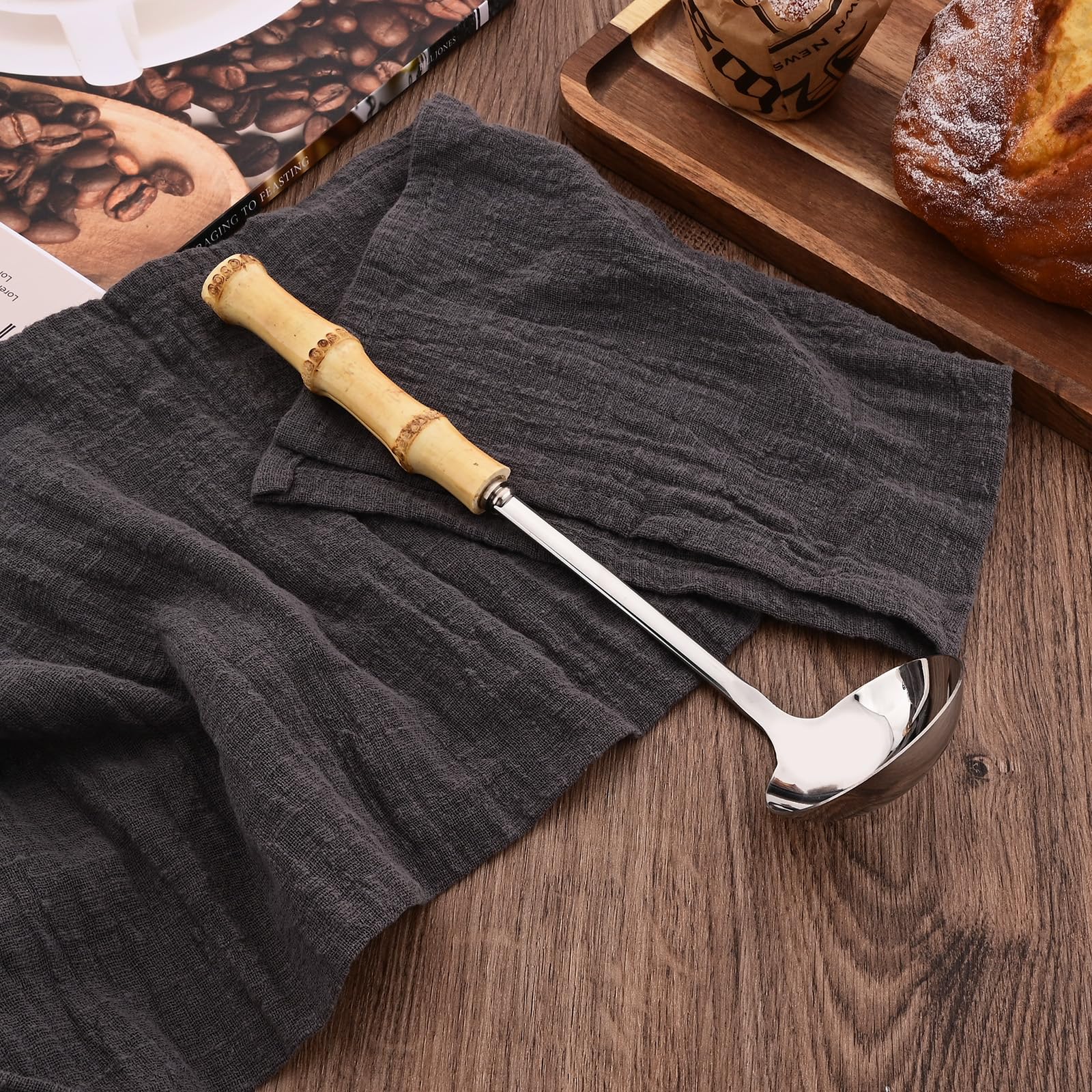 Uniturcky Soup Ladle and Slotted Spoon Set, 304 Stainless Steel Serving Utensils with Natural Bamboo Handle, Soup Spoons For Serving Gravy Hot Pot Or Restaurant, 10.2 Inch, 4 PCS / 2 of Each