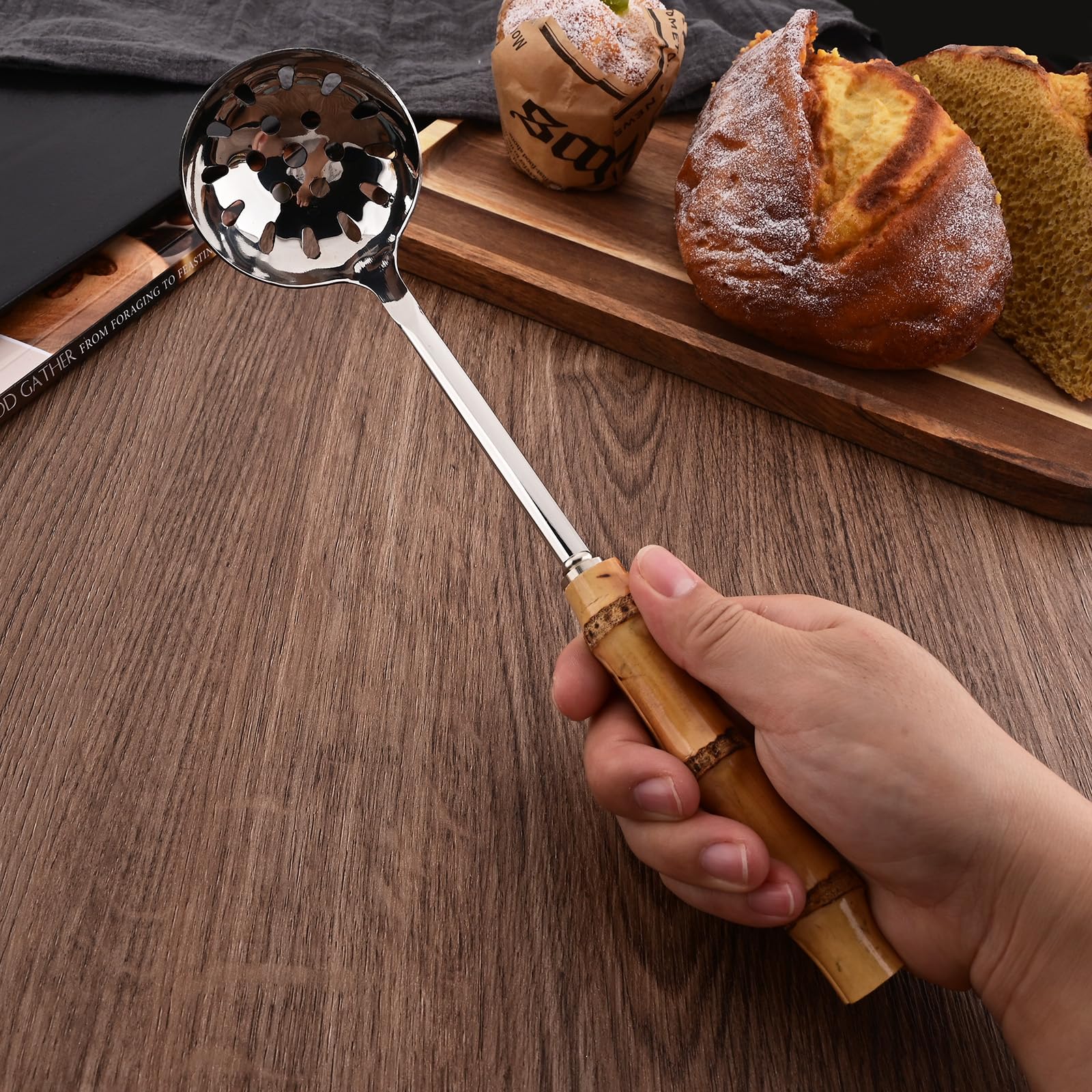 Uniturcky Soup Ladle and Slotted Spoon Set, 304 Stainless Steel Serving Utensils with Natural Bamboo Handle, Soup Spoons For Serving Gravy Hot Pot Or Restaurant, 10.2 Inch, 4 PCS / 2 of Each