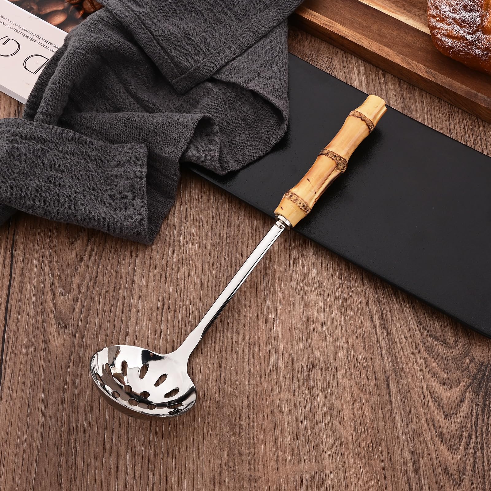 Uniturcky Soup Ladle and Slotted Spoon Set, 304 Stainless Steel Serving Utensils with Natural Bamboo Handle, Soup Spoons For Serving Gravy Hot Pot Or Restaurant, 10.2 Inch, 4 PCS / 2 of Each