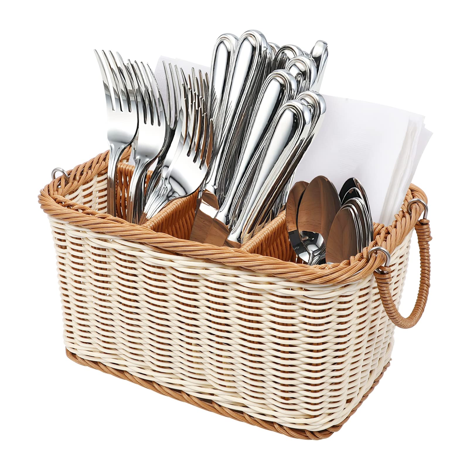 Hemoton Utensil Holder Silverware Caddy, Rattan Hand Woven Cutlery Storage Organizer, Multifunctional Divided Storage Basket, for Hold Forks, Knives, Napkins, Foods and Sundries ( Flexible Handle )
