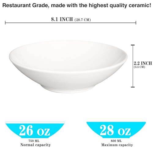 Creativity Home Pasta Bowls 28 OZ, Large Salad Bowls and Serving Bowls, Soup Bowl, Ceramic Pasta Plates, Set of 4, White 8.1 Inch