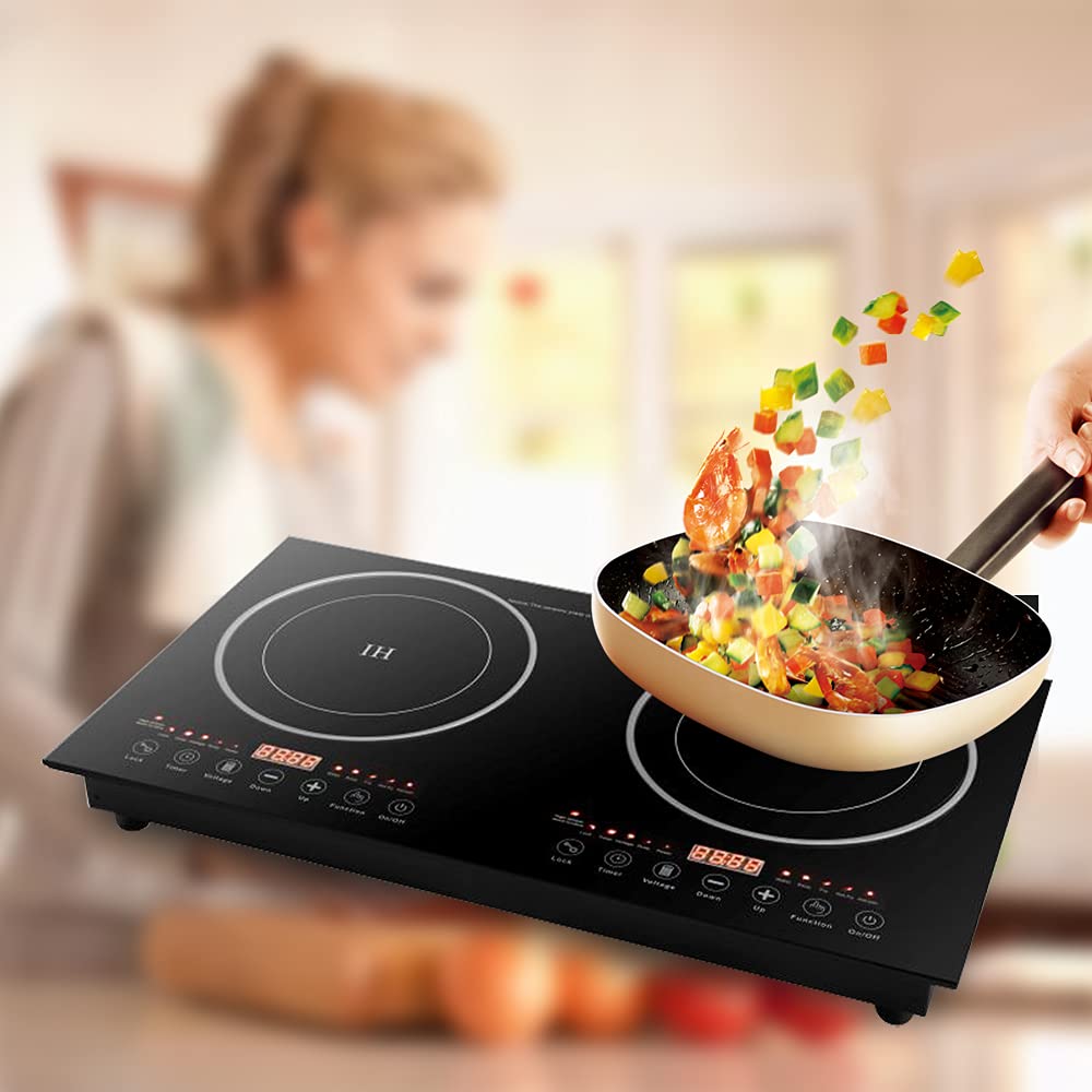 DOONARCES 110V Dual Induction Cooktop Portable Electric Induction Cooker Double Built-in Burners Countertop with 8 Firepower&Time Temp. Control for Kitchen Camping (1200W+1200W/Dual Induction)