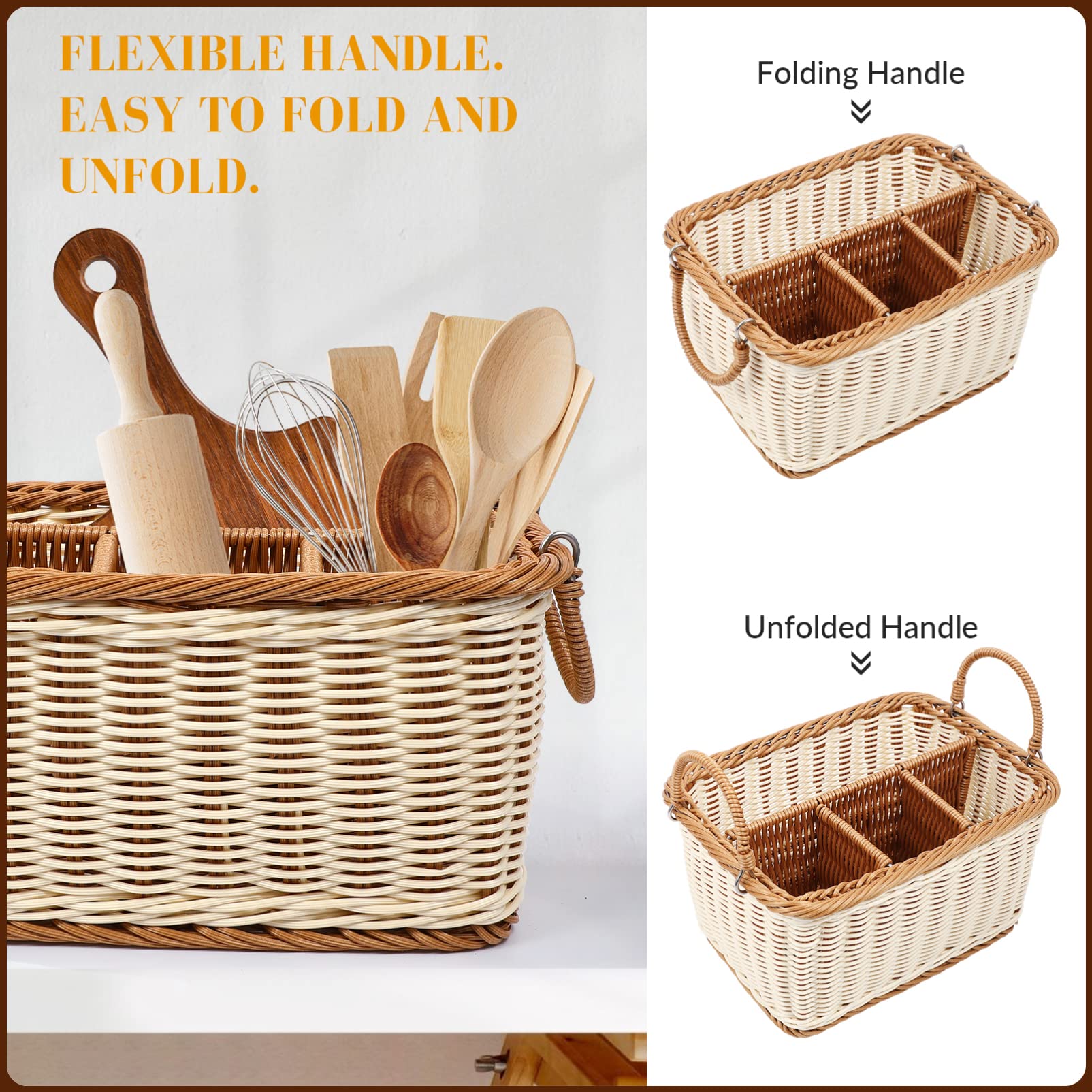 Hemoton Utensil Holder Silverware Caddy, Rattan Hand Woven Cutlery Storage Organizer, Multifunctional Divided Storage Basket, for Hold Forks, Knives, Napkins, Foods and Sundries ( Flexible Handle )