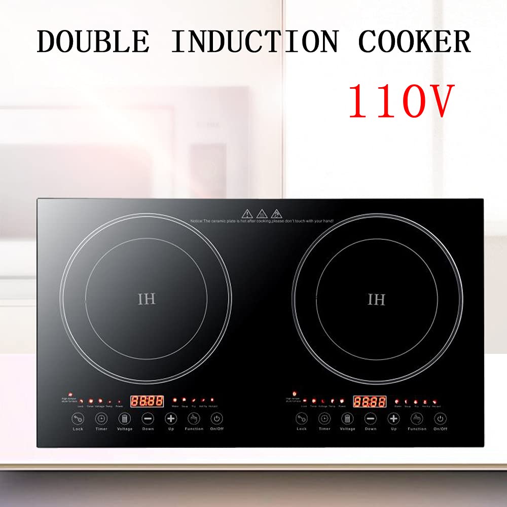 DOONARCES 110V Dual Induction Cooktop Portable Electric Induction Cooker Double Built-in Burners Countertop with 8 Firepower&Time Temp. Control for Kitchen Camping (1200W+1200W/Dual Induction)