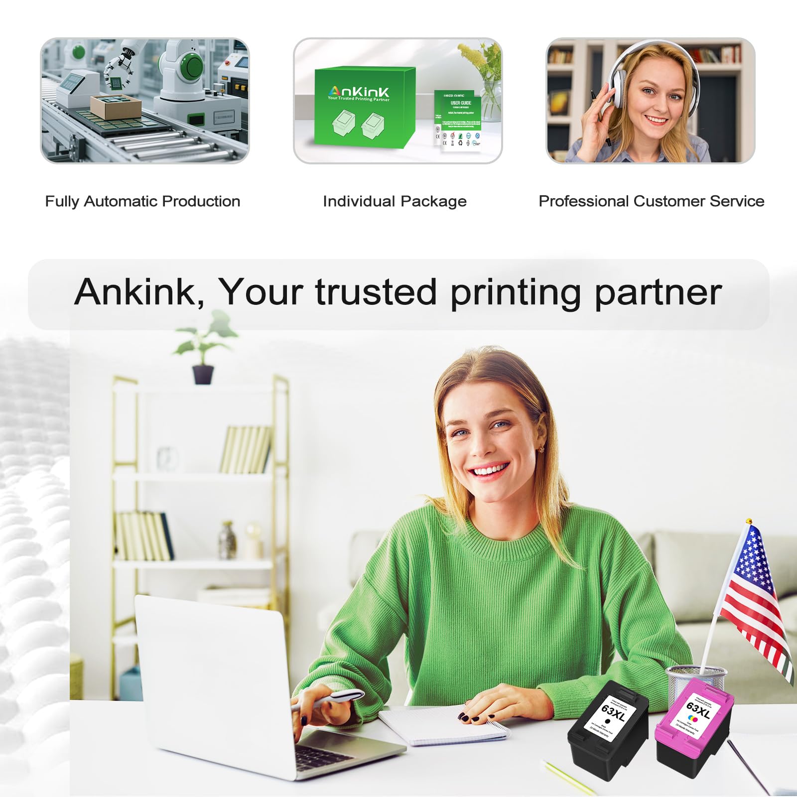 Ankink Higher Yield 63XL Black Ink Cartridges 2 Pack Replacement for HP Ink 63 XL for Officejet 3830 4650 4652 4655 5200 5252 5255 5258 Envy 4520 4512 Deskjet 1112 2132 3630 3632 Printer HP63 HP63xl