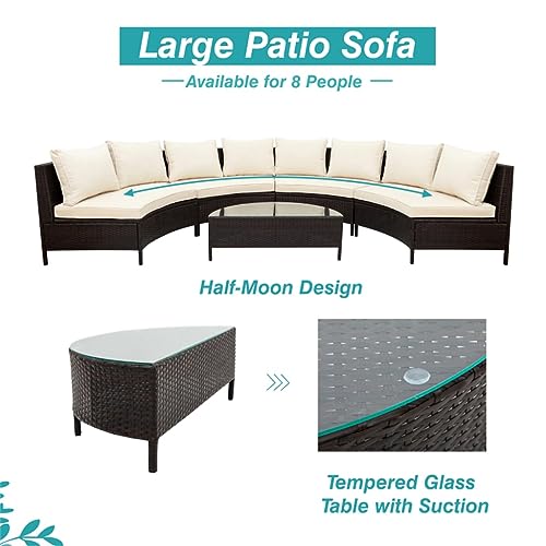 SLNFXC 5 Pieces Brown PE Rattan Wicker Sofa Set Outdoor Patio Sectional Furniture Set Half-Moon Sofa Set with Table
