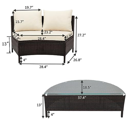 SLNFXC 5 Pieces Brown PE Rattan Wicker Sofa Set Outdoor Patio Sectional Furniture Set Half-Moon Sofa Set with Table