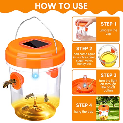 Kittmip Wasp Trap Solar Powered Bee Trap Reusable Fly Traps Outdoor Hanging Wasp Killer with UV LED Light Flying Insects Bee Killer for Indoor Outdoor Patio Garden Home (Orange, 12 Packs)