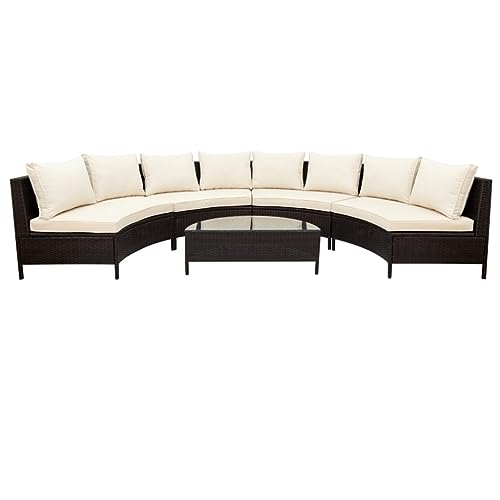 SLNFXC 5 Pieces Brown PE Rattan Wicker Sofa Set Outdoor Patio Sectional Furniture Set Half-Moon Sofa Set with Table