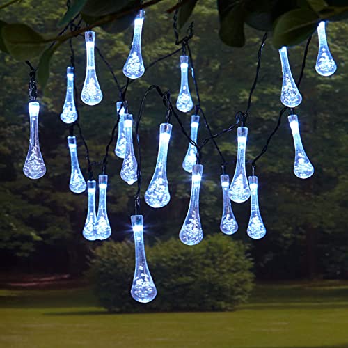 JMEXSUSS 2 Pack Solar Water Drop String Lights, Total 41.6FT 60 LED Solar Powered String Lights Outdoor Waterproof, 8 Modes White Solar Teardrop Lights for Gardens Patio Yard Party Holiday Decor