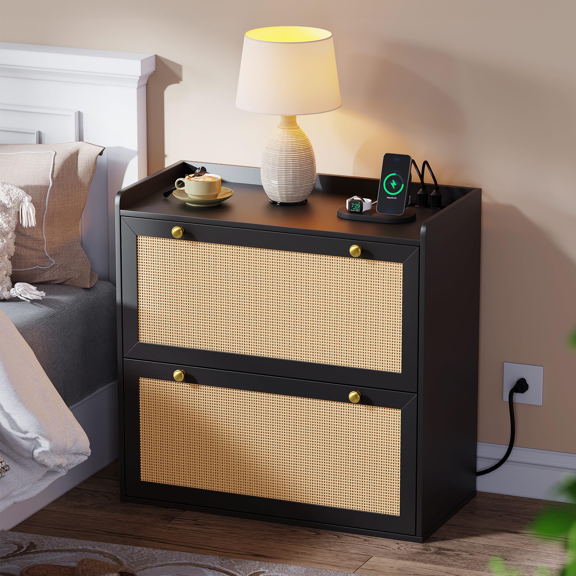 YITAHOME Rattan File Cabinet with Charging Station, Large Lateral Filing Cabinet for Home Office, Black