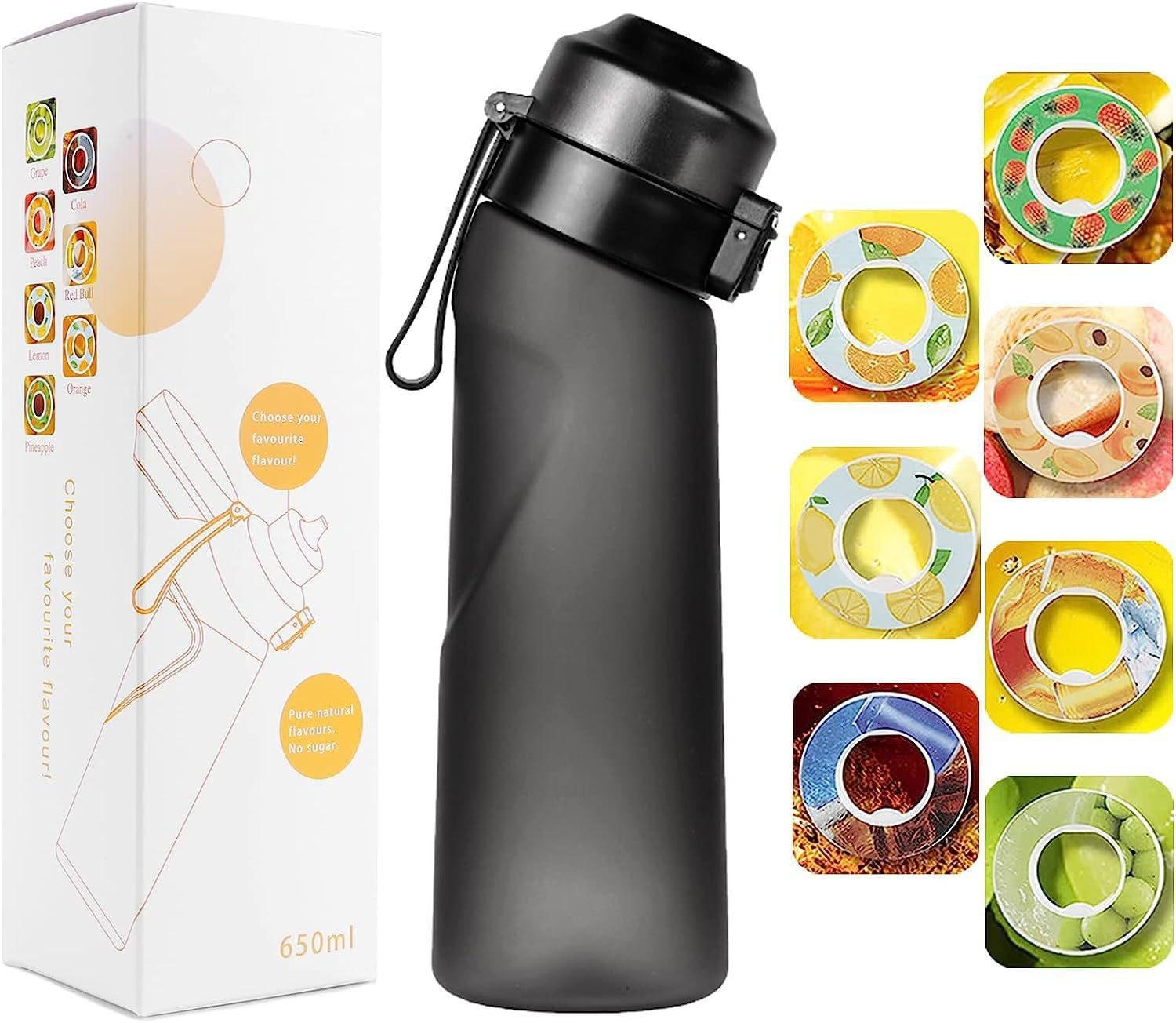 TUOZHE Sports Water Bottle, 650ml Fruit Fragrance, 7 Flavour Pods, BPA Free, 0 Sugar, 0 Calorie, Hiking, Running, Fitness, Travel, Plastic, 650ml, Reusable