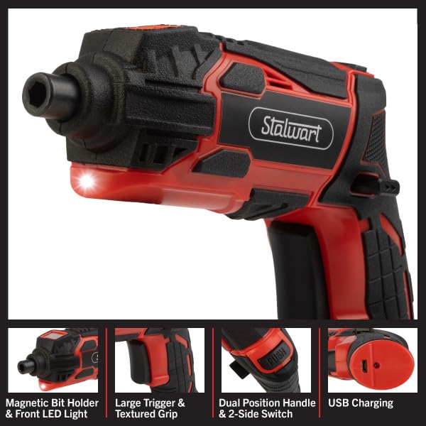 4V Electric Screwdriver 45-Piece Set - Rechargeable Cordless 4.5Nm 250RPM Screw Gun with Dual Position Grip and LED Light by Stalwart (Red)