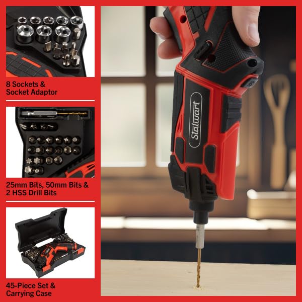 4V Electric Screwdriver 45-Piece Set - Rechargeable Cordless 4.5Nm 250RPM Screw Gun with Dual Position Grip and LED Light by Stalwart (Red)