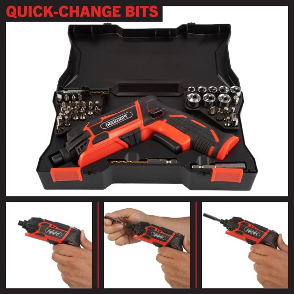 4V Electric Screwdriver 45-Piece Set - Rechargeable Cordless 4.5Nm 250RPM Screw Gun with Dual Position Grip and LED Light by Stalwart (Red)