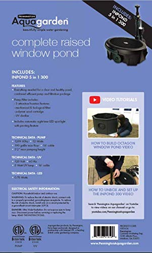 Pennington Aquagarden, Complete Raised Window Pond Kit - Octagon, Water Feature Pool, Includes Inpond 5 in 1 300 Pond & Water Pump with UV Clarifier, 106 Gallon Decking Pond, Three Fountain Displays,