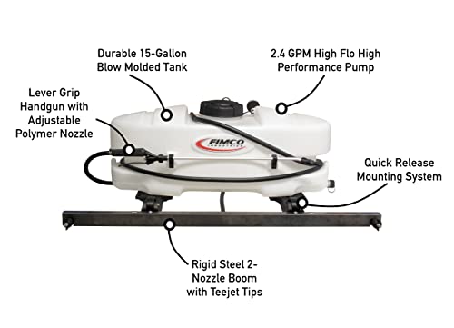 FIMCO 5302318 15 Gallon ATV Sprayer; UV Resistant Polymer Tank, 2.4 GPM High Flo Pump, Steel 2 Nozzle Spraying Boom, Teejet Tips & Lever Grip Handgun