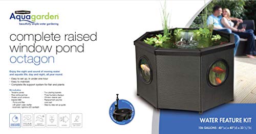 Pennington Aquagarden, Complete Raised Window Pond Kit - Octagon, Water Feature Pool, Includes Inpond 5 in 1 300 Pond & Water Pump with UV Clarifier, 106 Gallon Decking Pond, Three Fountain Displays,