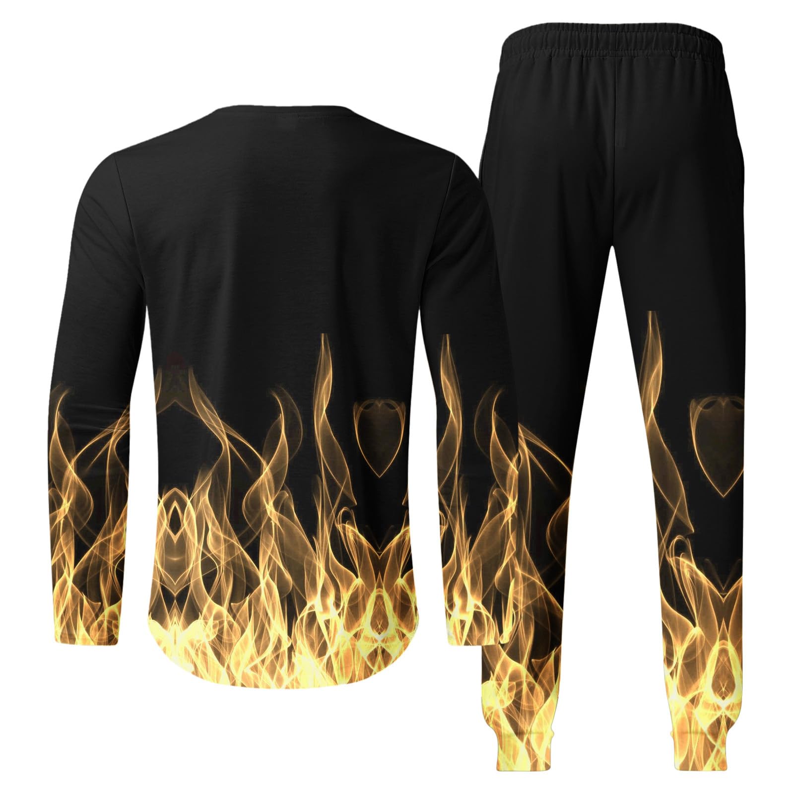 men's tracksuit 11 pieces long sleeve sets Men's Athletic 2 Pieces Tracksuit Casual 3D Flame Print Pullover Crewneck Sweatshirts Loose Sports Sweatpant Set Yellow L