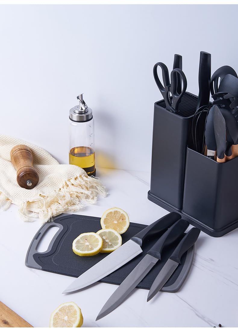 19 Pcs Kitchen Cooking Utensil & Knife Set/Wooden Handles, Heat Resistant Cookware with Staninless Steel Knives Cutting Board Storage Holder, Silicone Spatula Spoon Gadgets Set