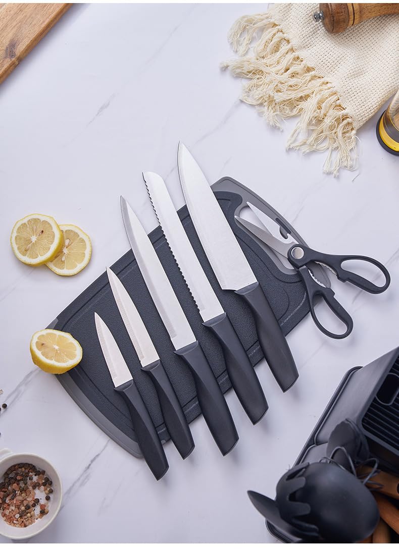 19 Pcs Kitchen Cooking Utensil & Knife Set/Wooden Handles, Heat Resistant Cookware with Staninless Steel Knives Cutting Board Storage Holder, Silicone Spatula Spoon Gadgets Set