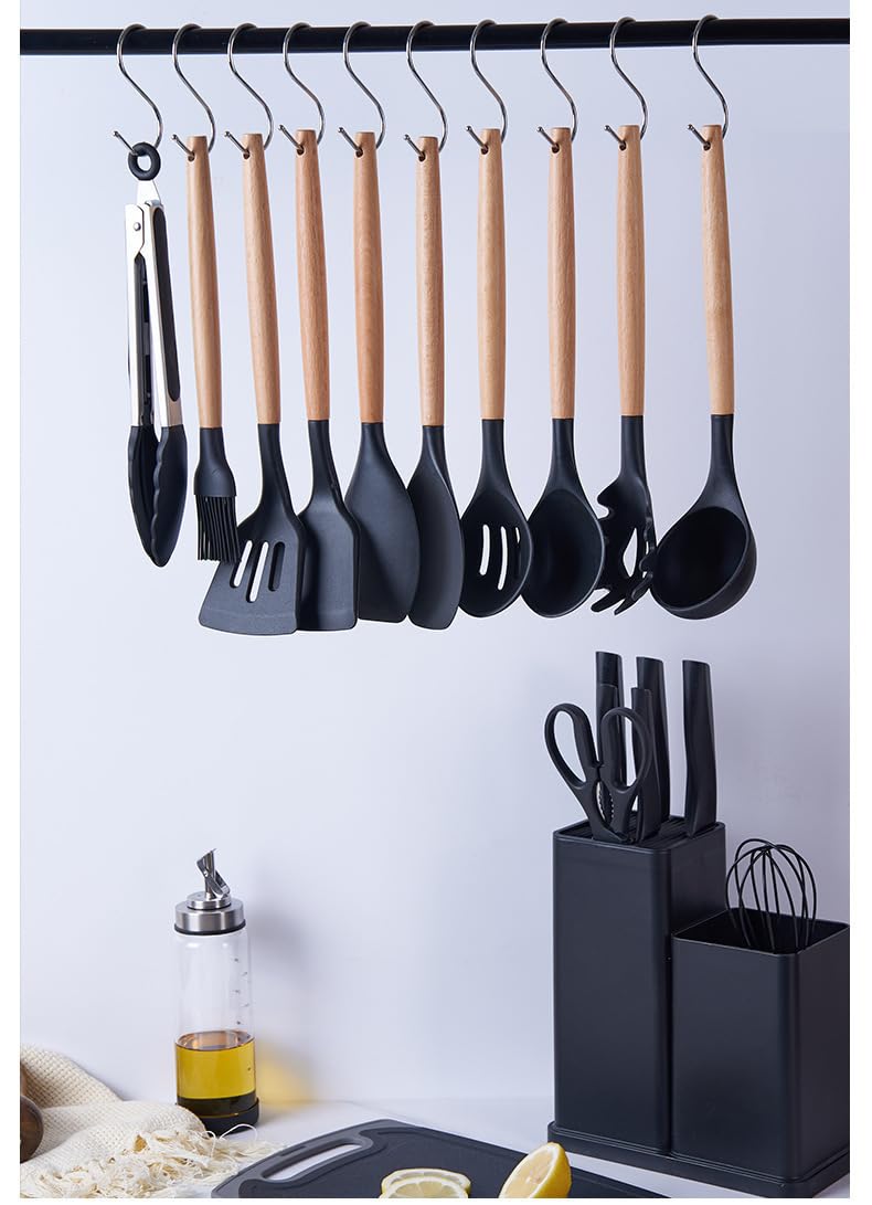 19 Pcs Kitchen Cooking Utensil & Knife Set/Wooden Handles, Heat Resistant Cookware with Staninless Steel Knives Cutting Board Storage Holder, Silicone Spatula Spoon Gadgets Set