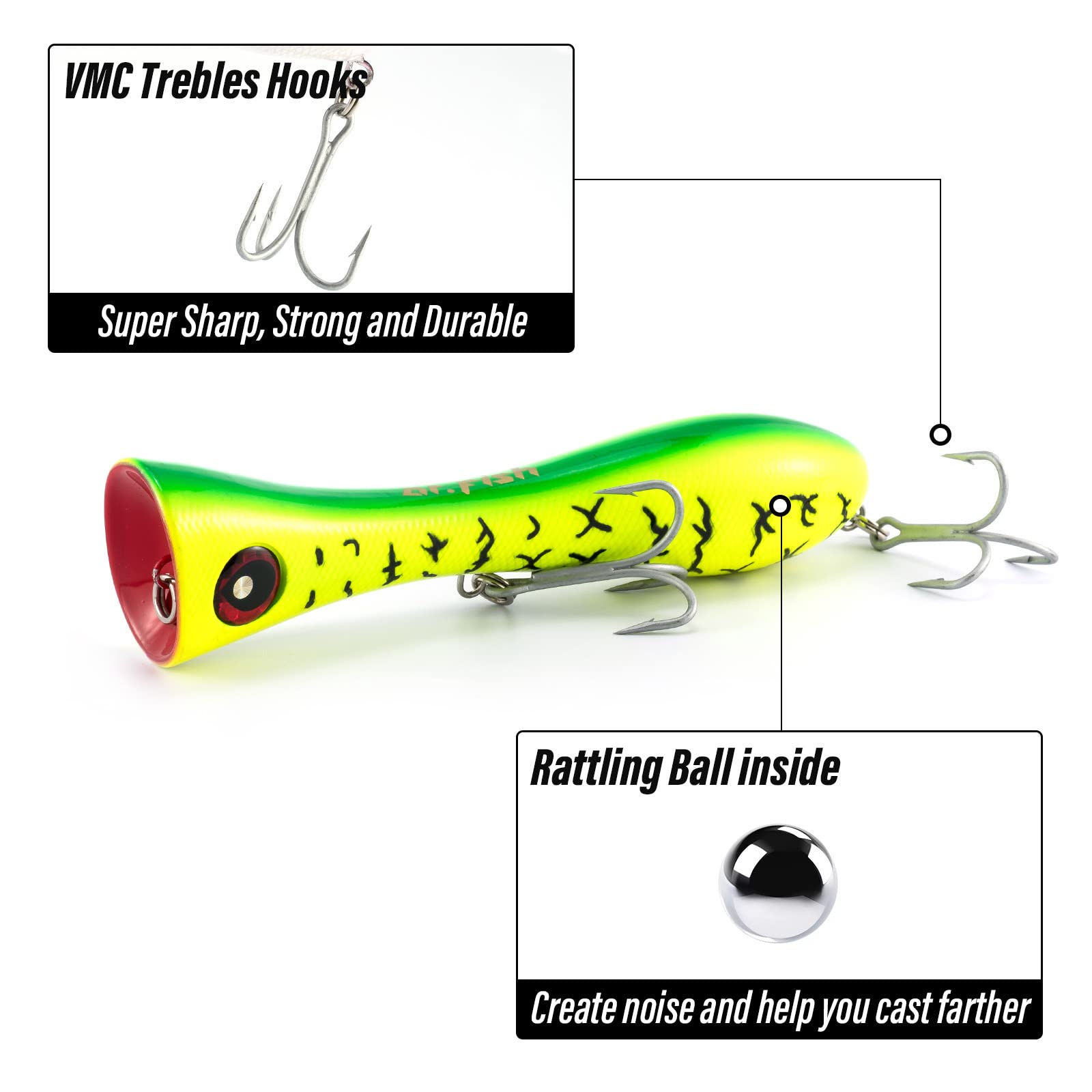 Dr.Fish 5 Pack Topwater Popper Saltwater Fishing Lures Kit, 8 Inches GT Popper VMC Treble Hooks Surf Fishing Lures for Striper Tuna Bluefish Mackerel Snapper Barracuda Pencil Plugs Offshore