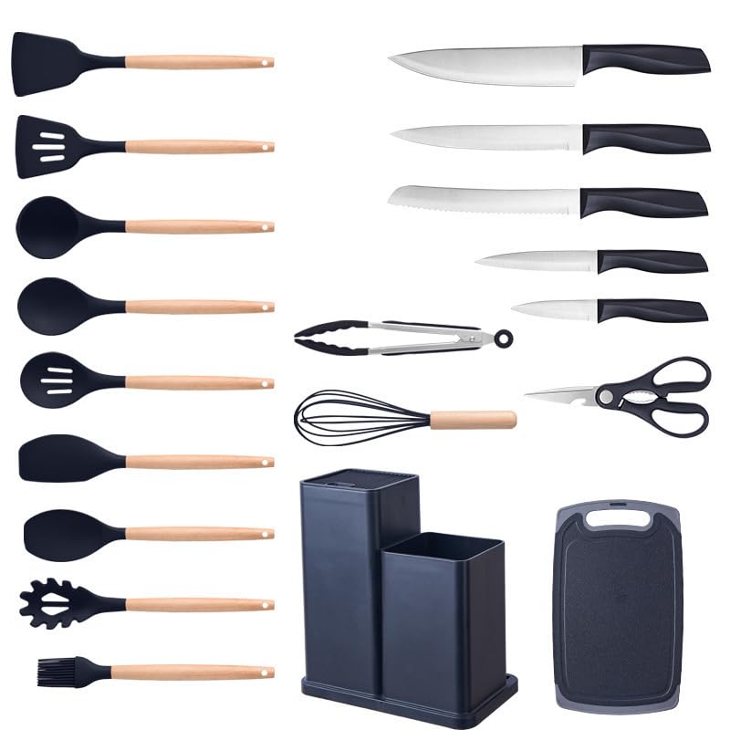 19 Pcs Kitchen Cooking Utensil & Knife Set/Wooden Handles, Heat Resistant Cookware with Staninless Steel Knives Cutting Board Storage Holder, Silicone Spatula Spoon Gadgets Set