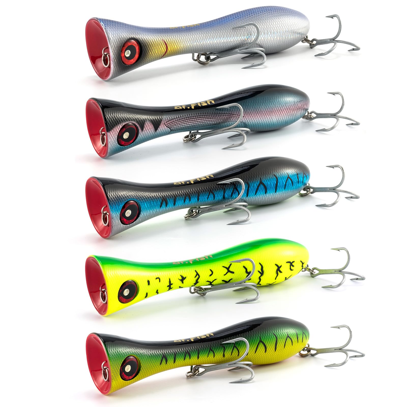 Dr.Fish 5 Pack Topwater Popper Saltwater Fishing Lures Kit, 8 Inches GT Popper VMC Treble Hooks Surf Fishing Lures for Striper Tuna Bluefish Mackerel Snapper Barracuda Pencil Plugs Offshore