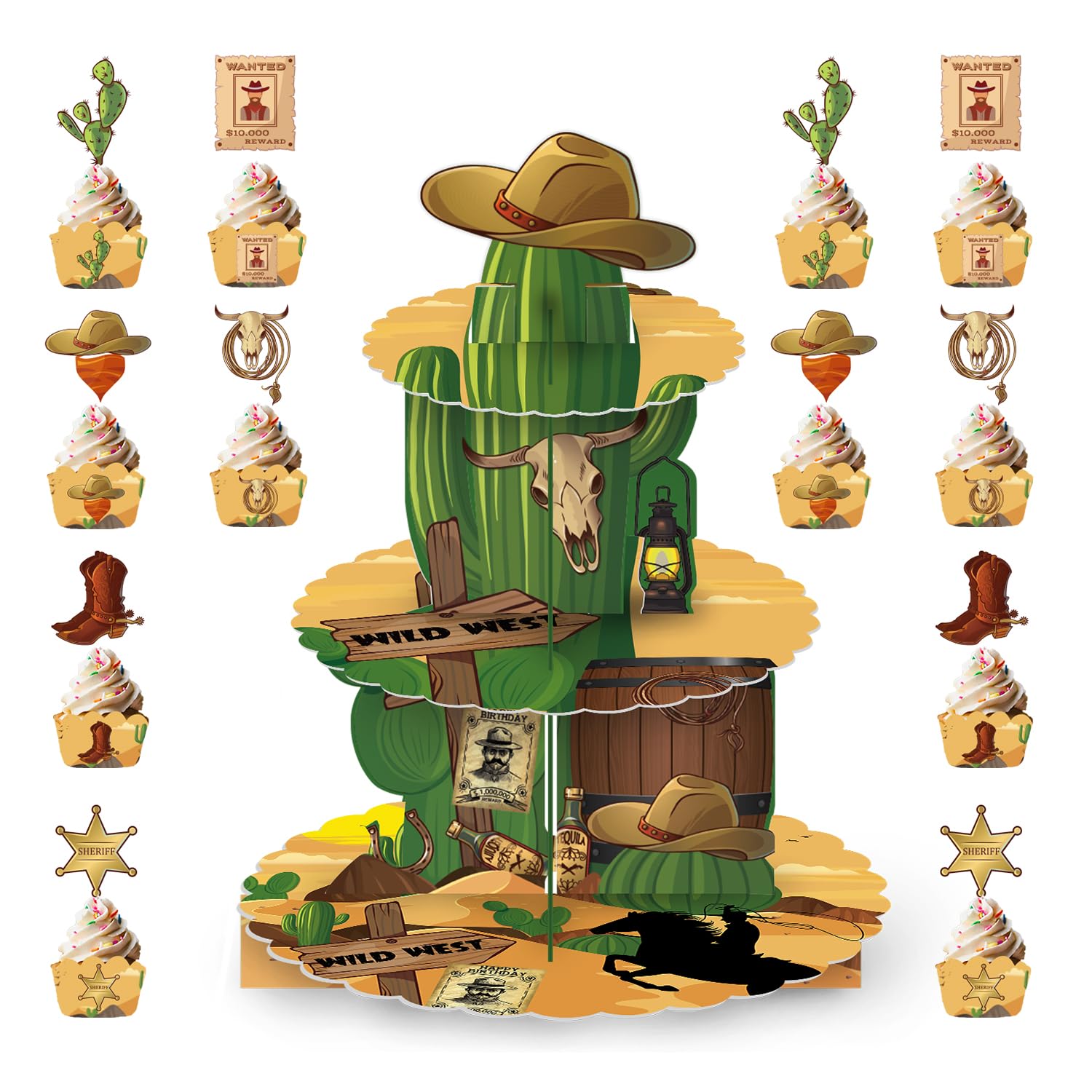 LXlucktim Western Cowboy Party Decorations Cupcake Stand, 3 Tier Cardboard Cowboy Cupcake Holders with 12pcs Cupcake Toppers and 12 Cupcakes Wrappers for Kids Wild Vest Birthday Party Supplies