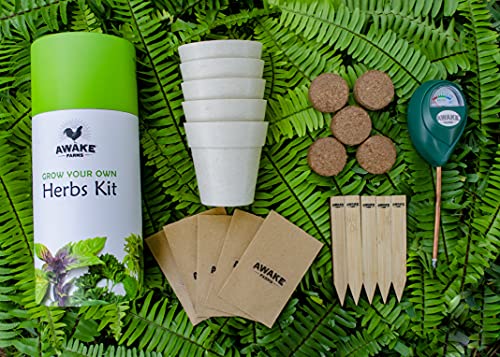Awake Farms Indoor Herb Garden Seed Starter Kit β Indoor Grow Kit with Bamboo Pots, Soil Discs, Moisture Meter, Plant Markers, Seeds - Herb Seeds Variety Pack Indoor β Ideal for Balcony, Windowsill