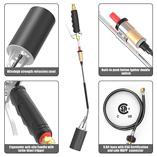E-SDS Propane Torch Weed Burner Kit, Weed Torch 500,000 BTU Blow Torch with 9.8 FT Hose Heavy Duty Flame thrower with 2 Turbo Trigger Electronic Igniters for Weeds, Snow Melting, Roofing, Roads
