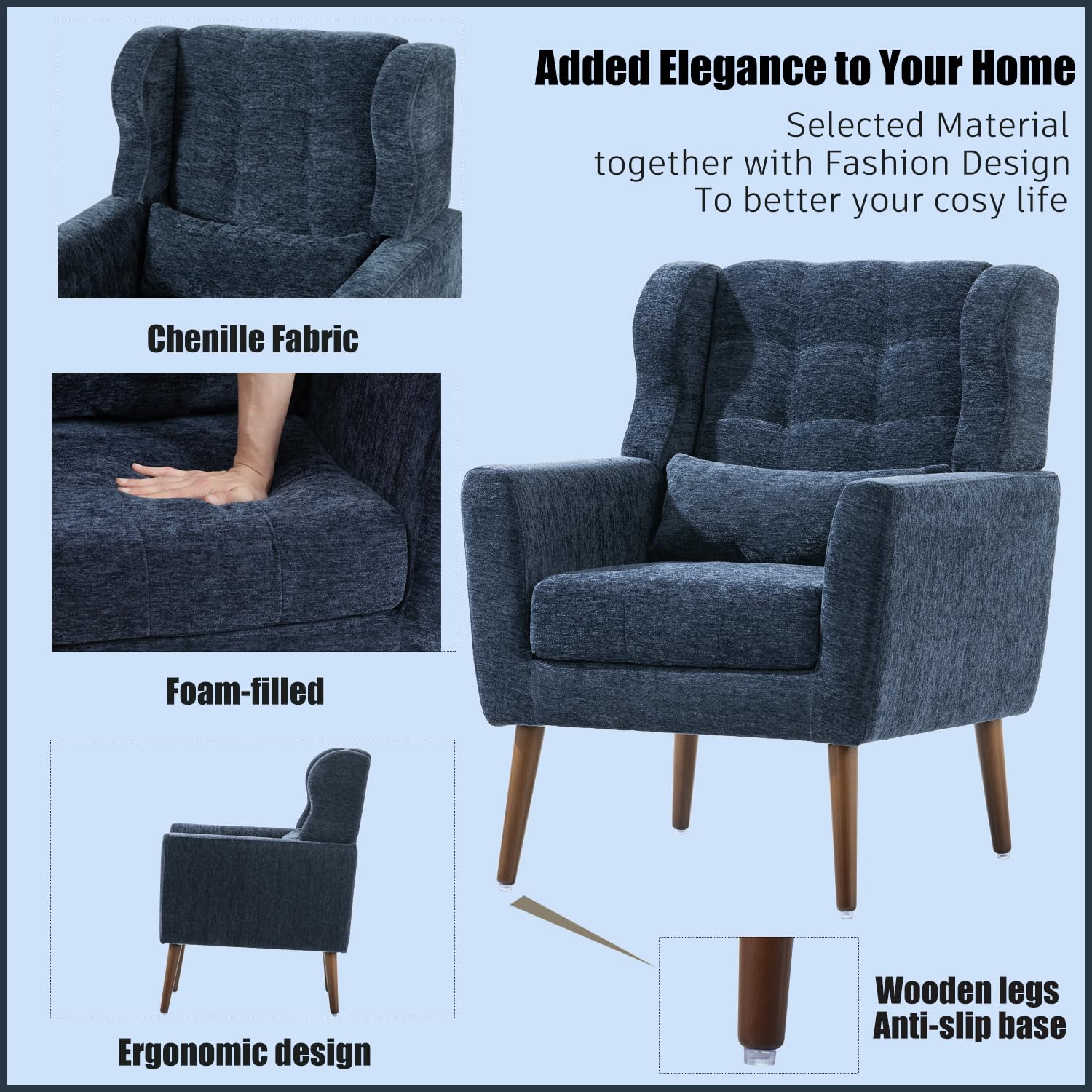 Modern Accent Chair,Chenille Fabric Reading Living Room Side Chair,Single Sofa with Wood Legs, Armchair for Living Room Bedroom(Dark Blue)