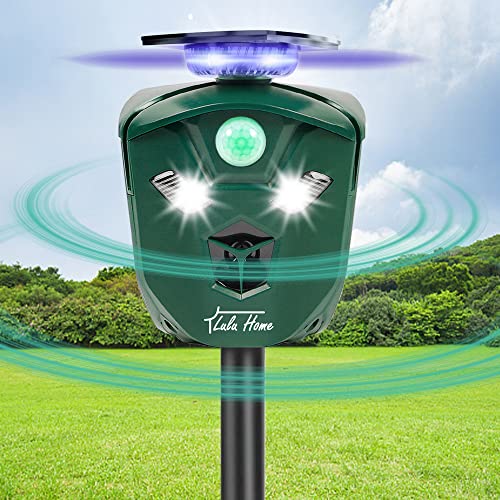 Lulu Home Ultrasonic Animal Repeller, Outdoor Weatherproof Solar Powered PIR Repellent with Motion Activated Flashing LED Light, Repel Dogs, Squirrels, Raccoon, Rabbit, Deer & More