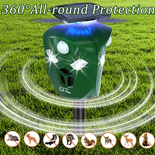Lulu Home Ultrasonic Animal Repeller, Outdoor Weatherproof Solar Powered PIR Repellent with Motion Activated Flashing LED Light, Repel Dogs, Squirrels, Raccoon, Rabbit, Deer & More