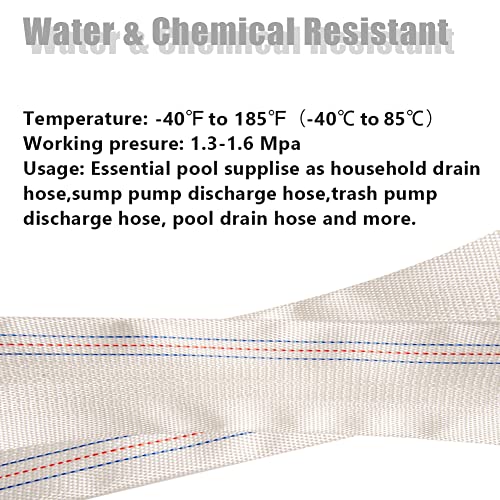 QuQuyi 1" x 62 FT Heavy Duty Reinforced PVC Swimming Pool Backwash Hose, General Purpose Lay-Flat Water Discharge pipe for Water Transfer Applications, White