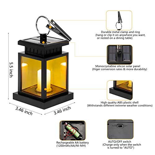 4 Pack Outdoor Hanging Solar Lantern Lights, Flickering Solar Lights Outdoor Garden Lights Solar Powered Waterproof Warm Yellow LED Candle Lantern for Garden Patio Yard Path Tree Umbrella Table Decor