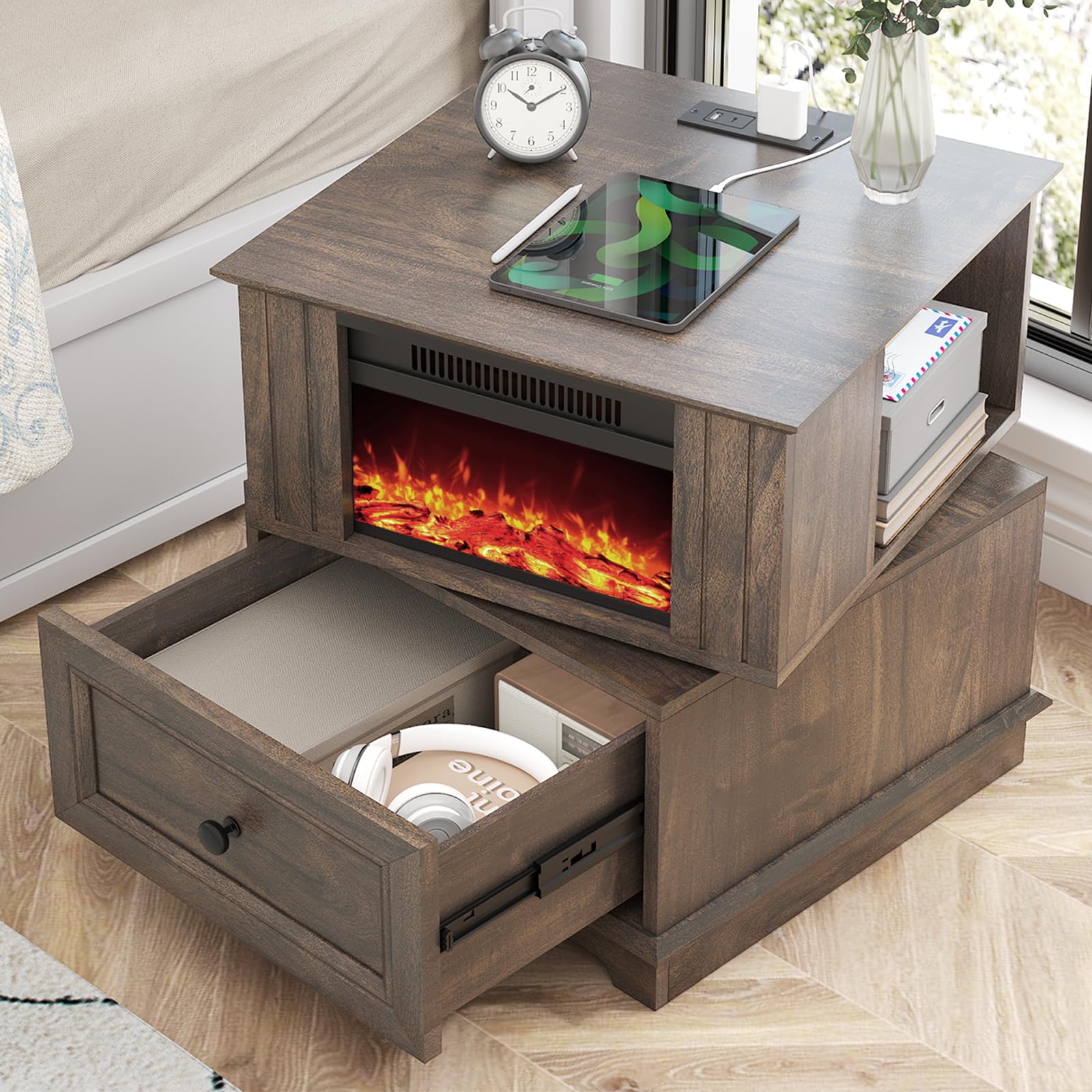 REDAYFUR Rotating End Table with 13" Electric Fireplace Screens, Side Table with Fast Charging Station, 1400W Fireplace End Table with Storage, Wooden Side Table for Living Room, Bedroom, Office