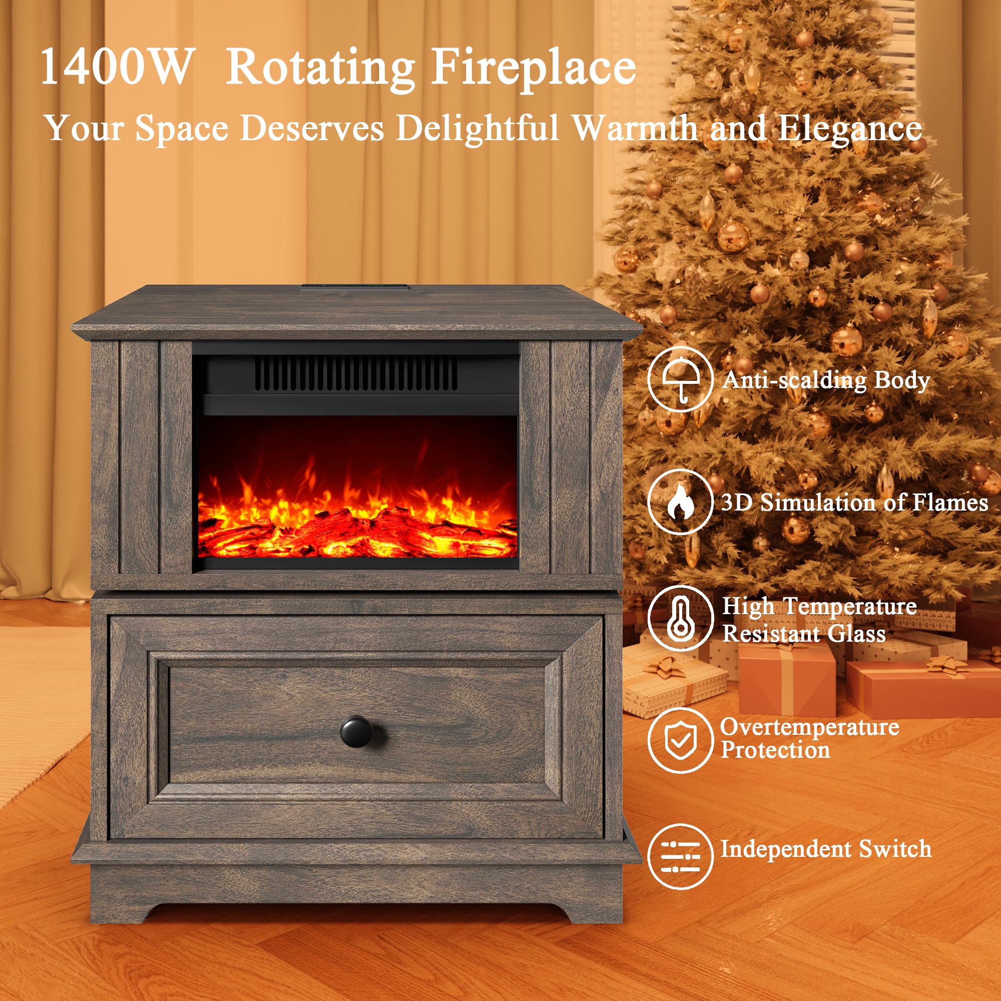 REDAYFUR Rotating End Table with 13" Electric Fireplace Screens, Side Table with Fast Charging Station, 1400W Fireplace End Table with Storage, Wooden Side Table for Living Room, Bedroom, Office