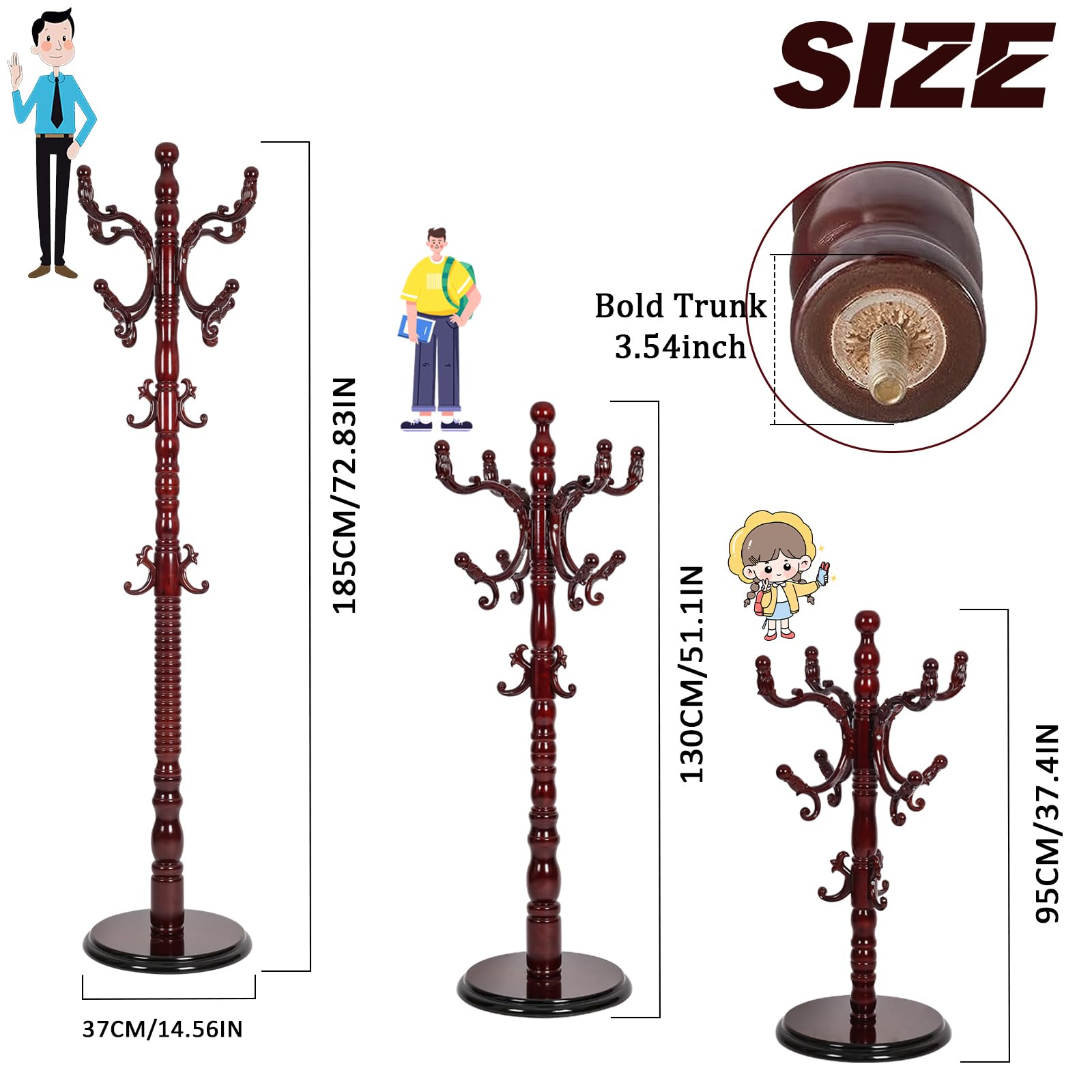 Zacammy Heavy Coat Rack Freestanding, Natural Wood Hall Tree, Adjustable Height 73in and Versatile 14 Hooks for Entryway, Porch, Living Room, Bedroom, Home Office (Rosewood)